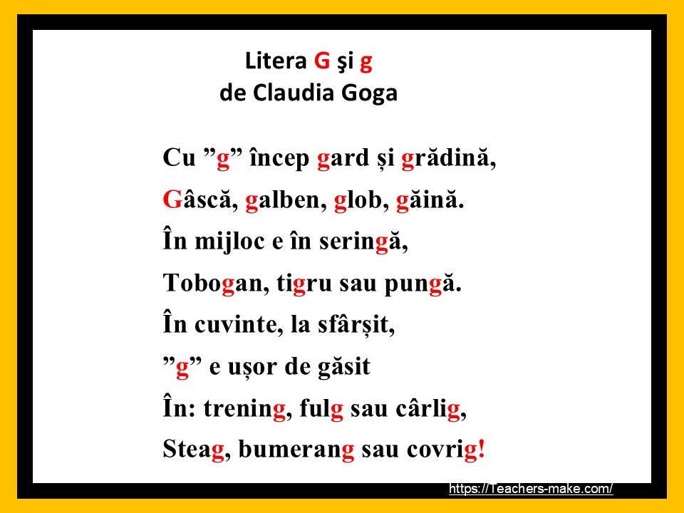 Litera și sunetul ”G” ( ”g”) – Teachers make